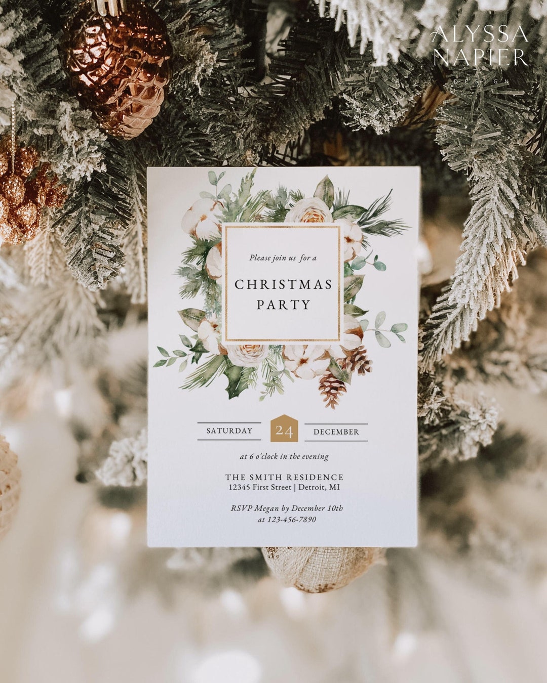 Greenery Holiday Invitation, Christmas Invitation Instant Download ...