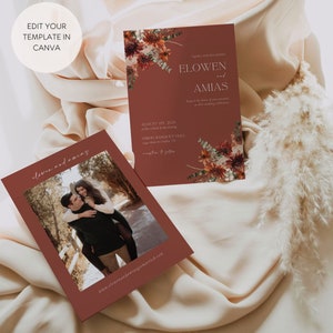 Rust Wedding Invitation Template With Photo, Boho Floral Wedding ...
