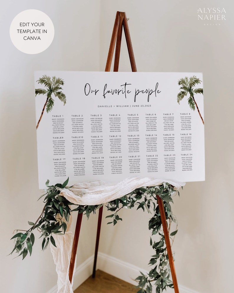 Tropical Seating Chart Template, Palm Tree Wedding Seating Chart Sign ...
