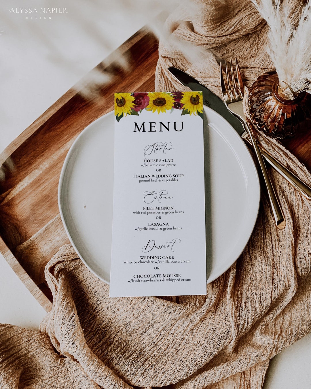 Sunflower Wedding Menu Template Printable, Sunflower and Rose Wedding ...