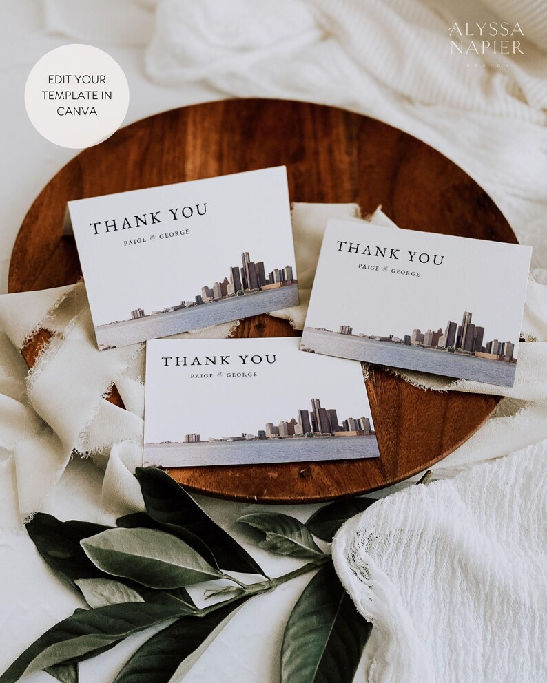 Detroit Wedding Thank You Card Template Printable, Detroit Watercolor ...