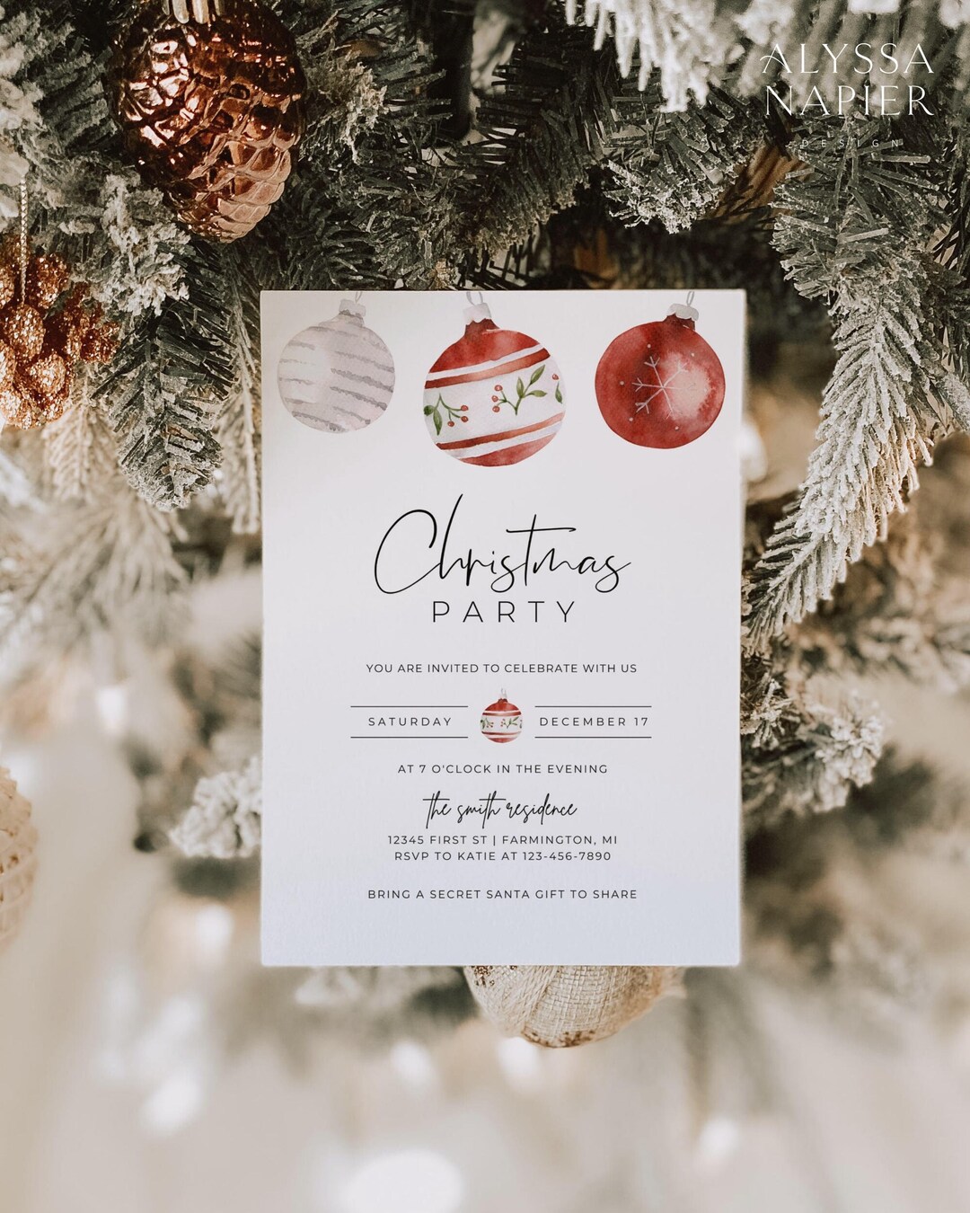 Christmas Ornament Invitation, Watercolor Christmas Invitation ...