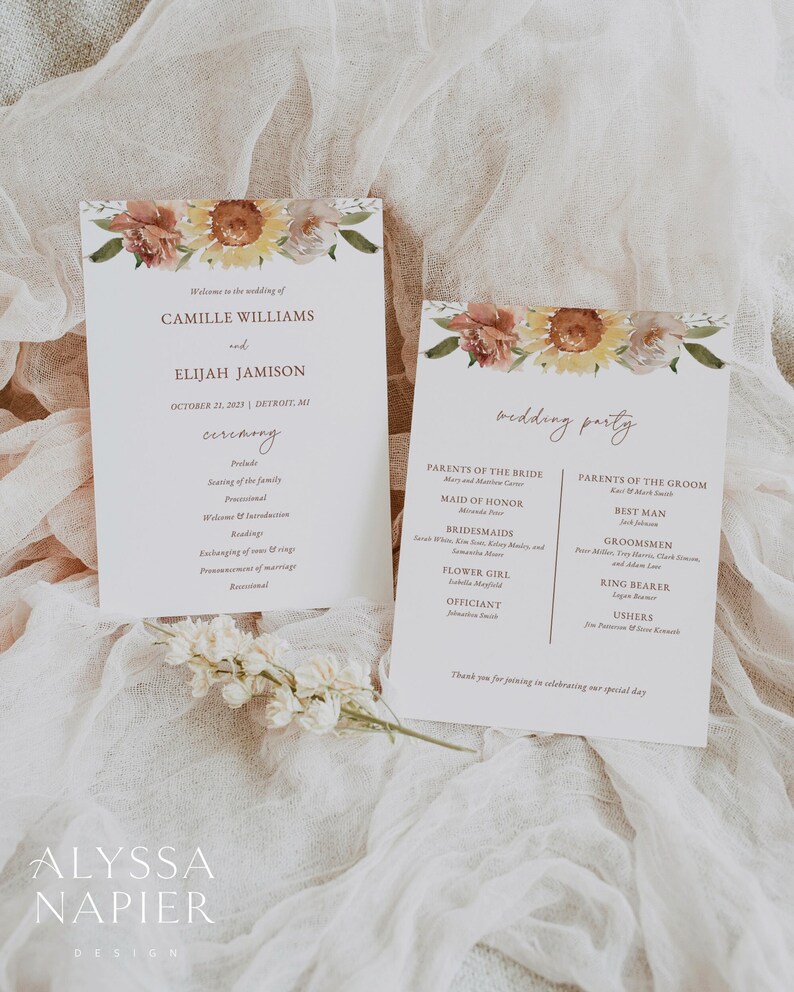 Boho Sunflower Wedding Program Template 5x7 Bohemian Floral - Etsy