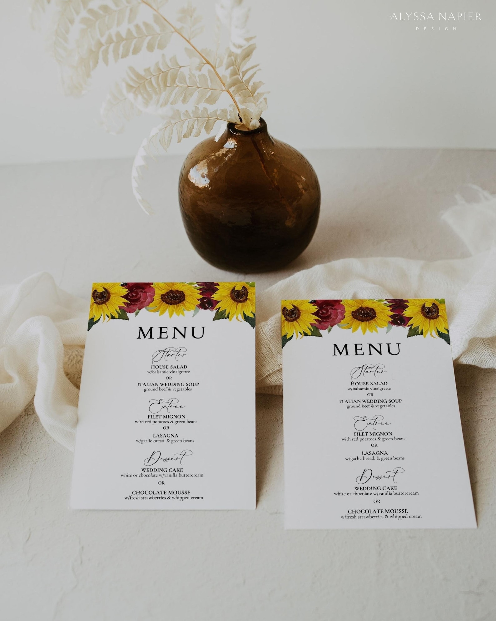 Sunflower Wedding Menu Template Printable Sunflower and Rose - Etsy