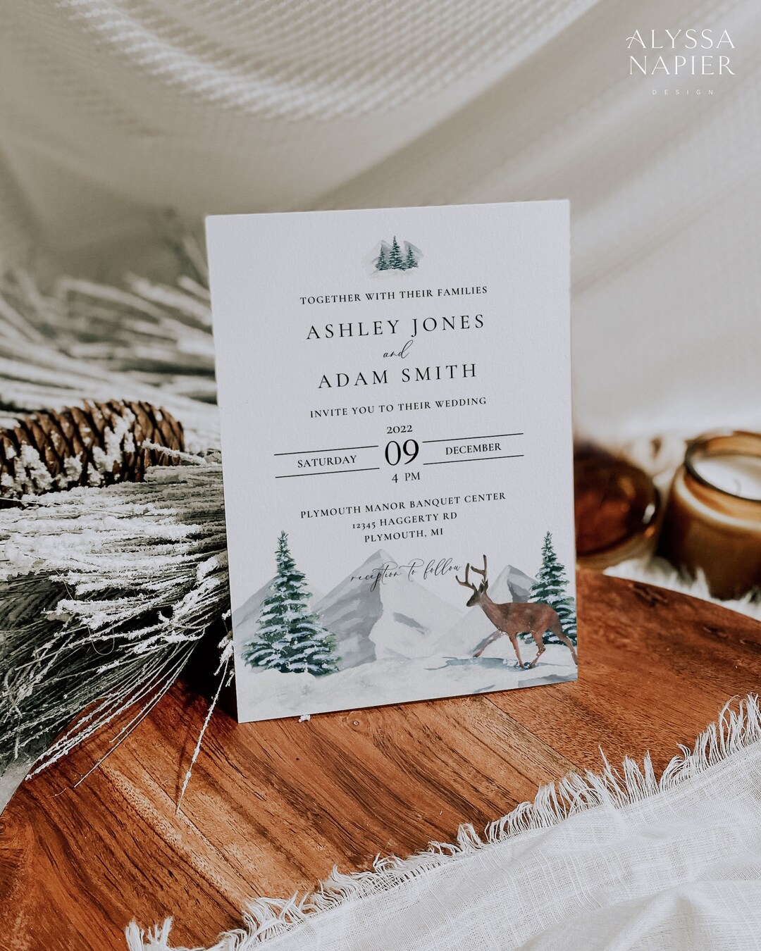 Snow Wedding Invitation Template Canva, Rustic Winter Wedding ...