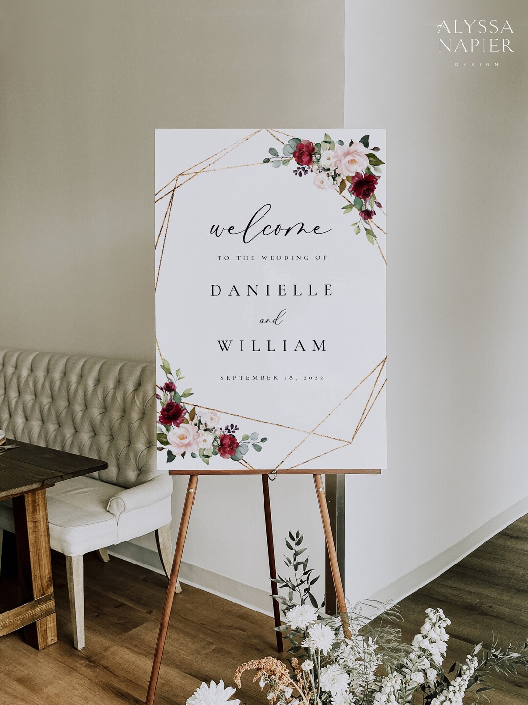 Burgundy and Blush Welcome Sign Wedding Template, Pink Floral Wedding ...