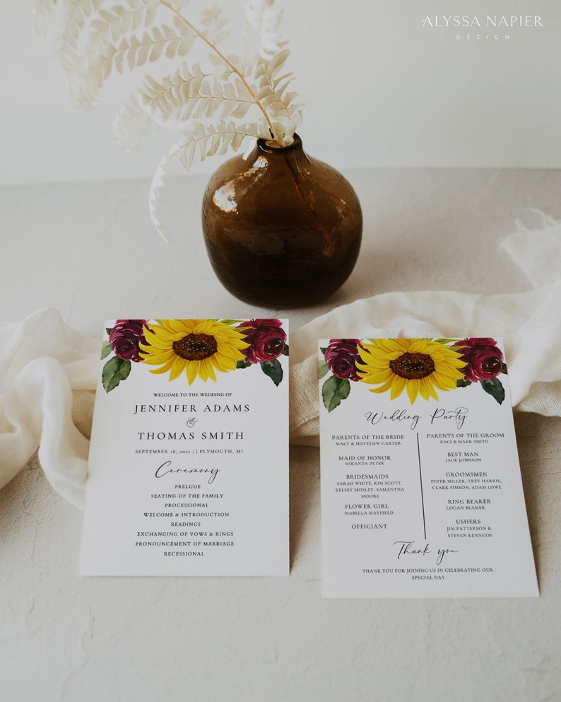 Sunflower Wedding Program Template Sunflower and Roses - Etsy