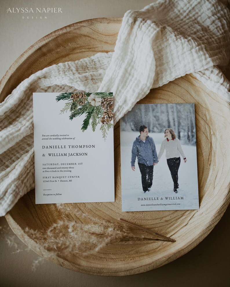 Rustic Winter Wedding Invitation Template, Christmas Wedding Invitation ...