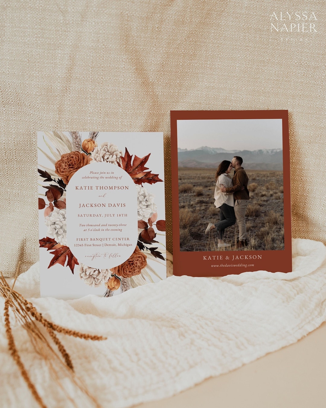 Fall Floral Wedding Invitation With Photo, Autumn Wedding Invite, Rust ...