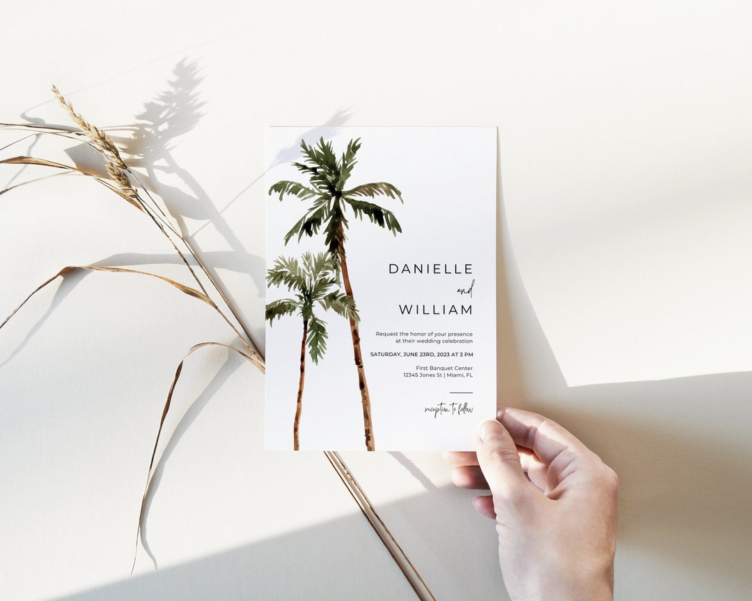 Tropical Palm Tree Wedding Invitation Template, Beach Destination ...