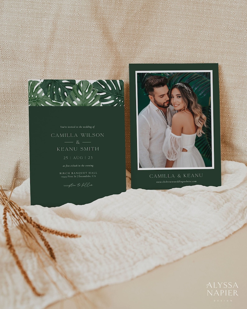 Monstera Wedding Invitation With Photo Destination Wedding - Etsy