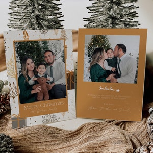 Gold Christmas Card Template Canva, Boho Holiday Card With Photo ...