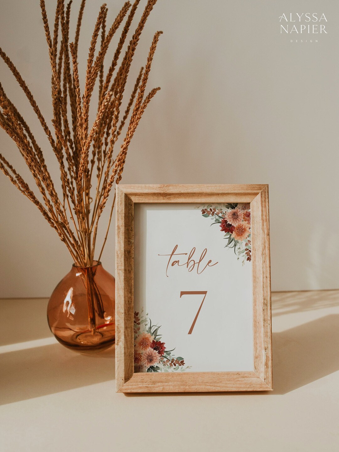Terracotta Floral Wedding Table Numbers Template Modern Boho Table ...