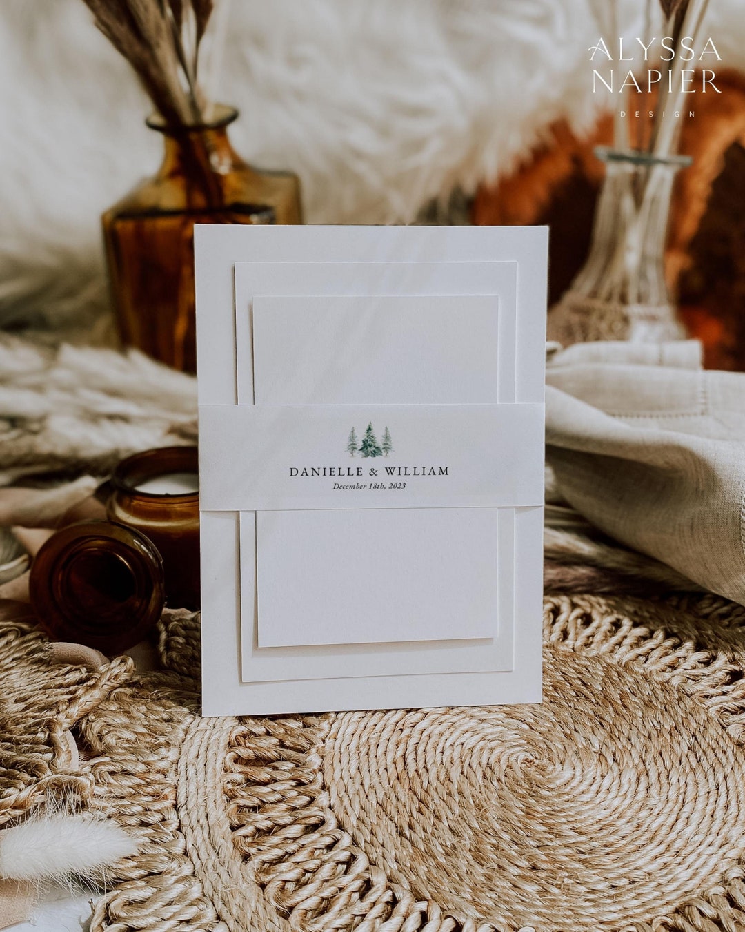 Pine Tree Wedding Invitation Wrap, Wedding Belly Band Template, Rustic ...