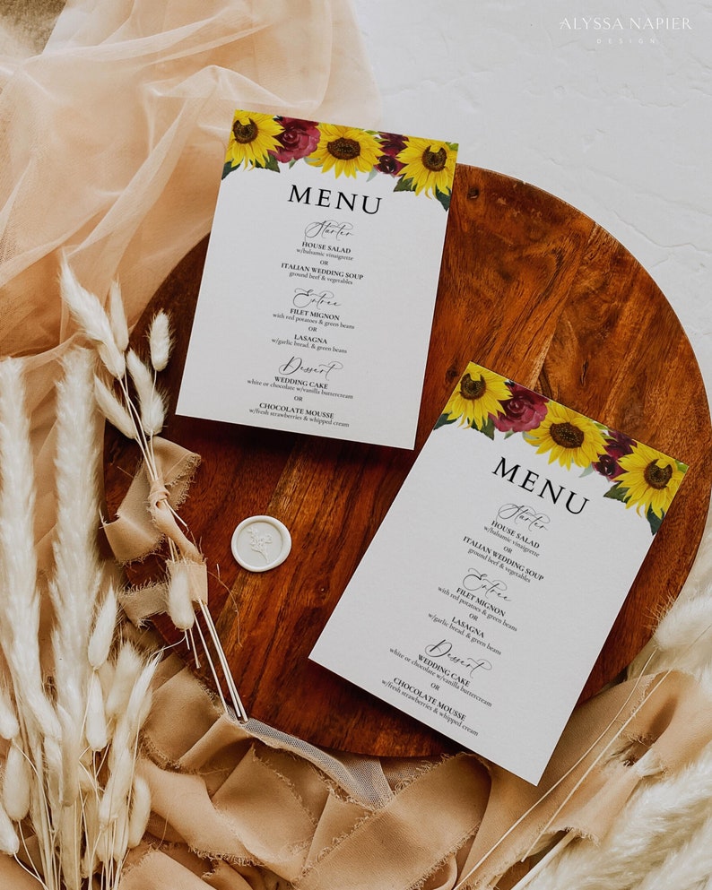 Sunflower Wedding Menu Template Printable Sunflower and Rose - Etsy