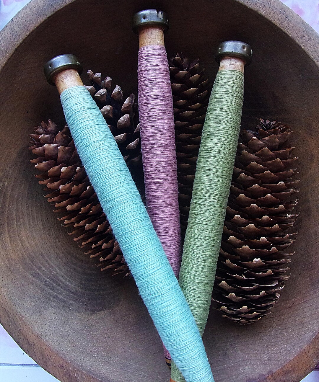 3 Antique Wooden Bobbins / Spindles - Seafoamish Blue, Dusty Rose ...