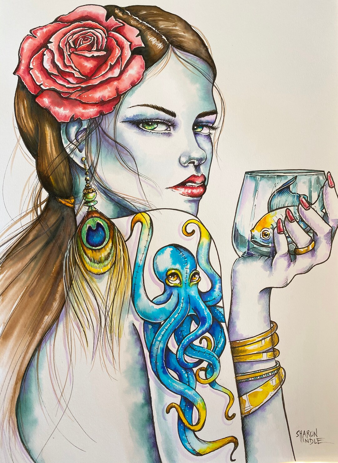 Rosa Roja Octopus, Rose, Fish, Peacock, Painting, Wallart - Etsy