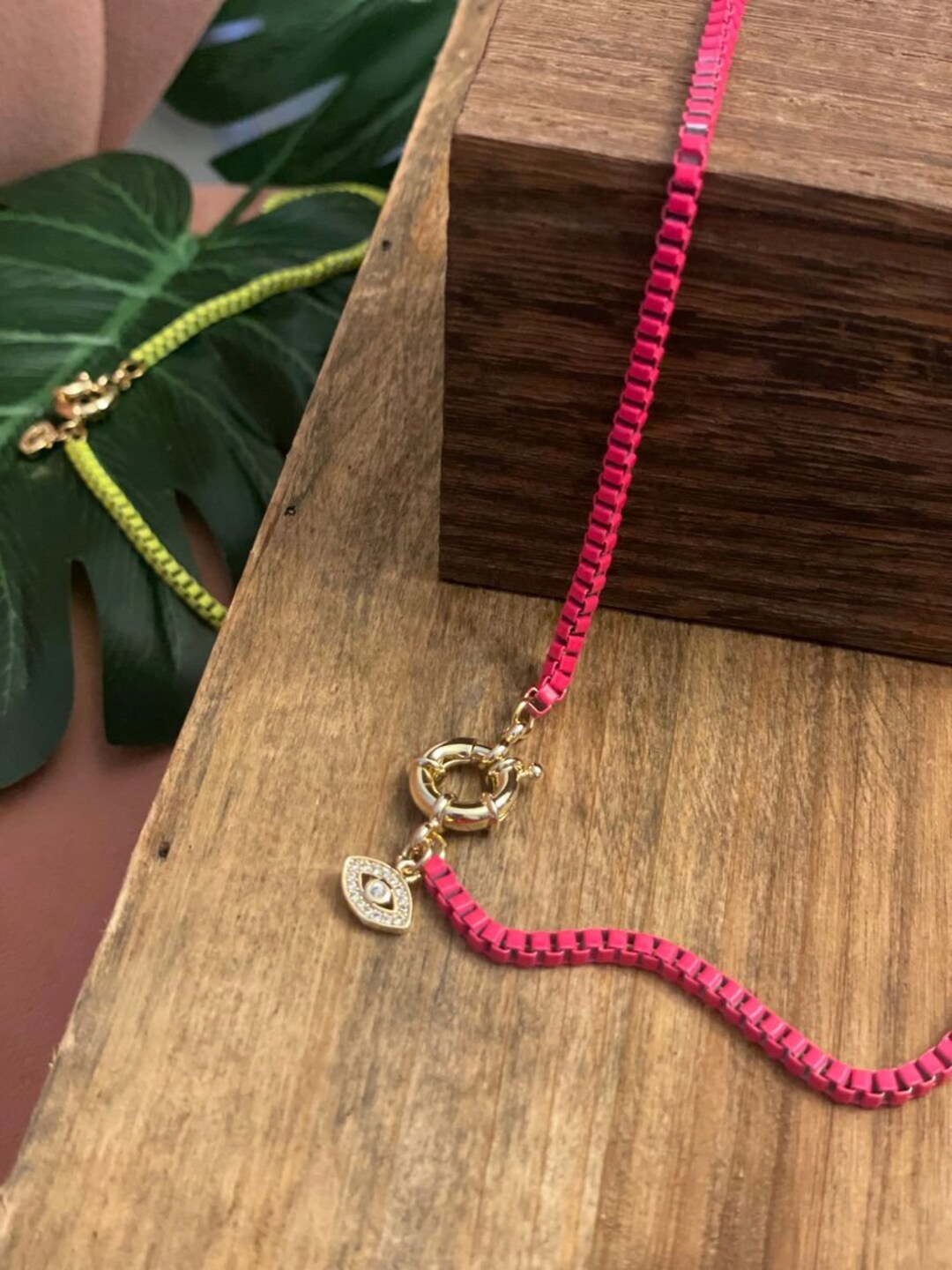 Neon Box Chain Necklace in Pink and Yellow With Gold Accents and Evil ...