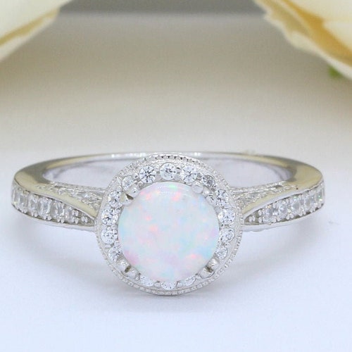 Halo Round White Lab White Opal Art Deco Wedding Engagement - Etsy