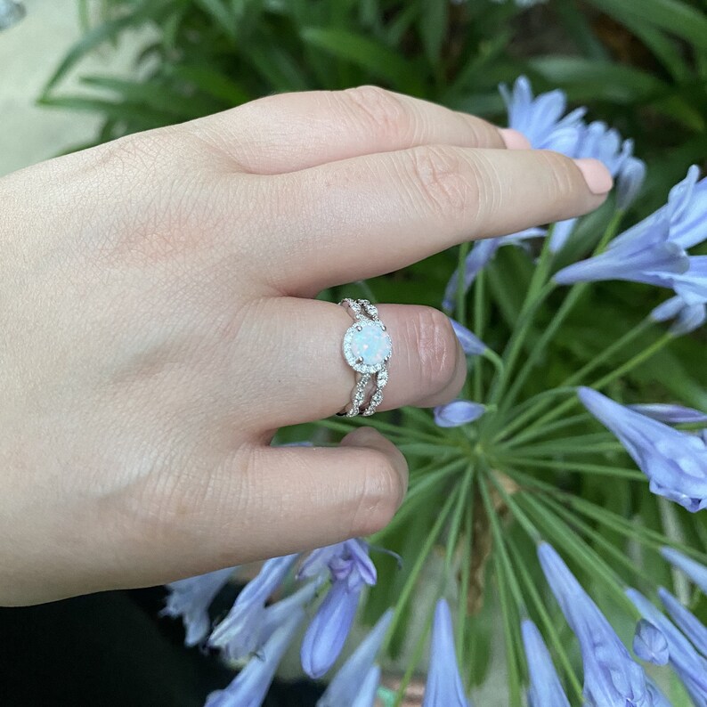 Two Piece Halo Round White Lab White Opal Art Deco Wedding | Etsy