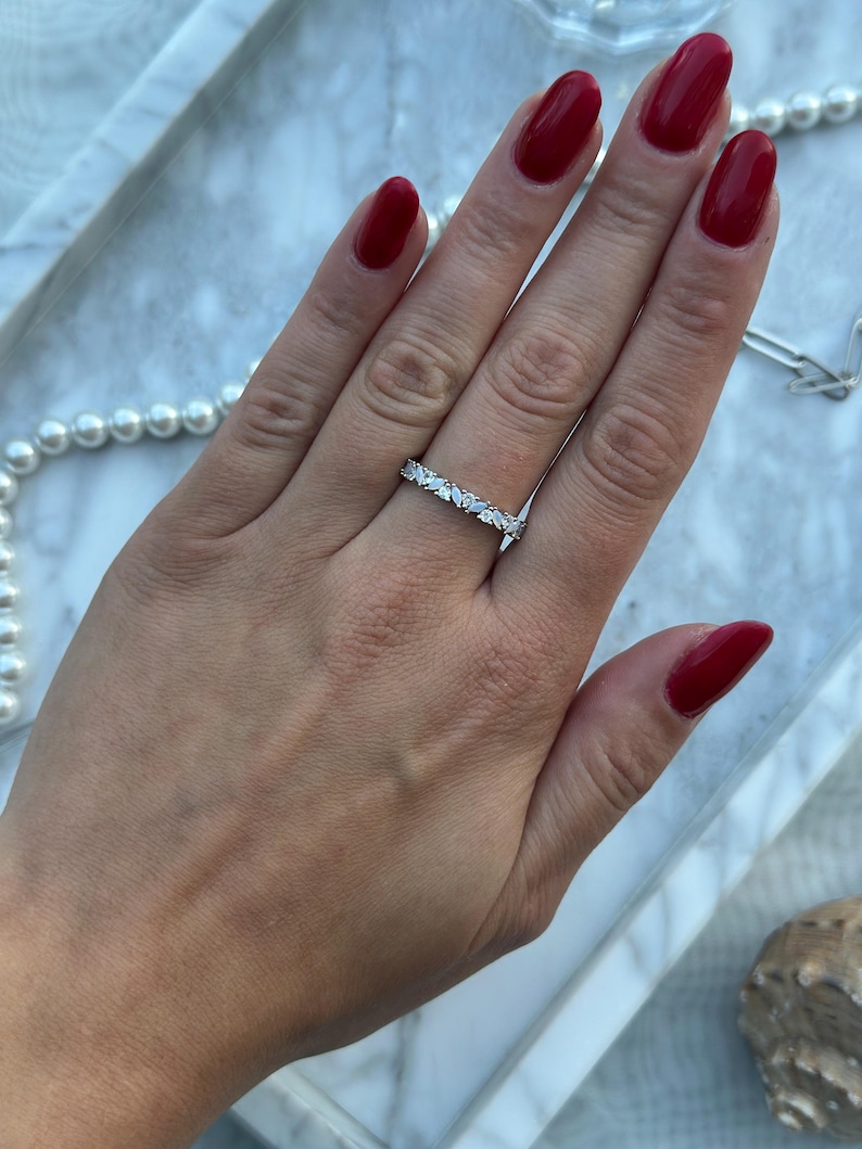 Sterling Silver Half Eternity Ring: Lab White Opal & CZ Stackable Band ...