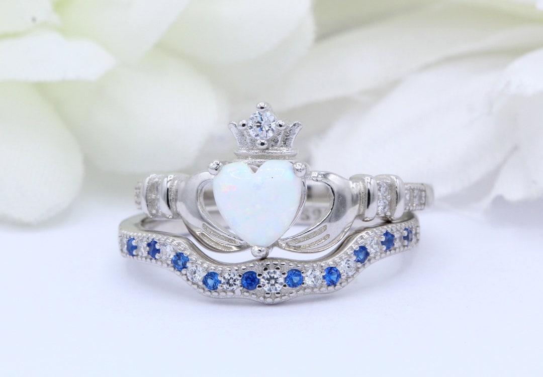 Two Piece Crown Heart Shaped Lab White Opal Claddagh Ring Irish Promise ...