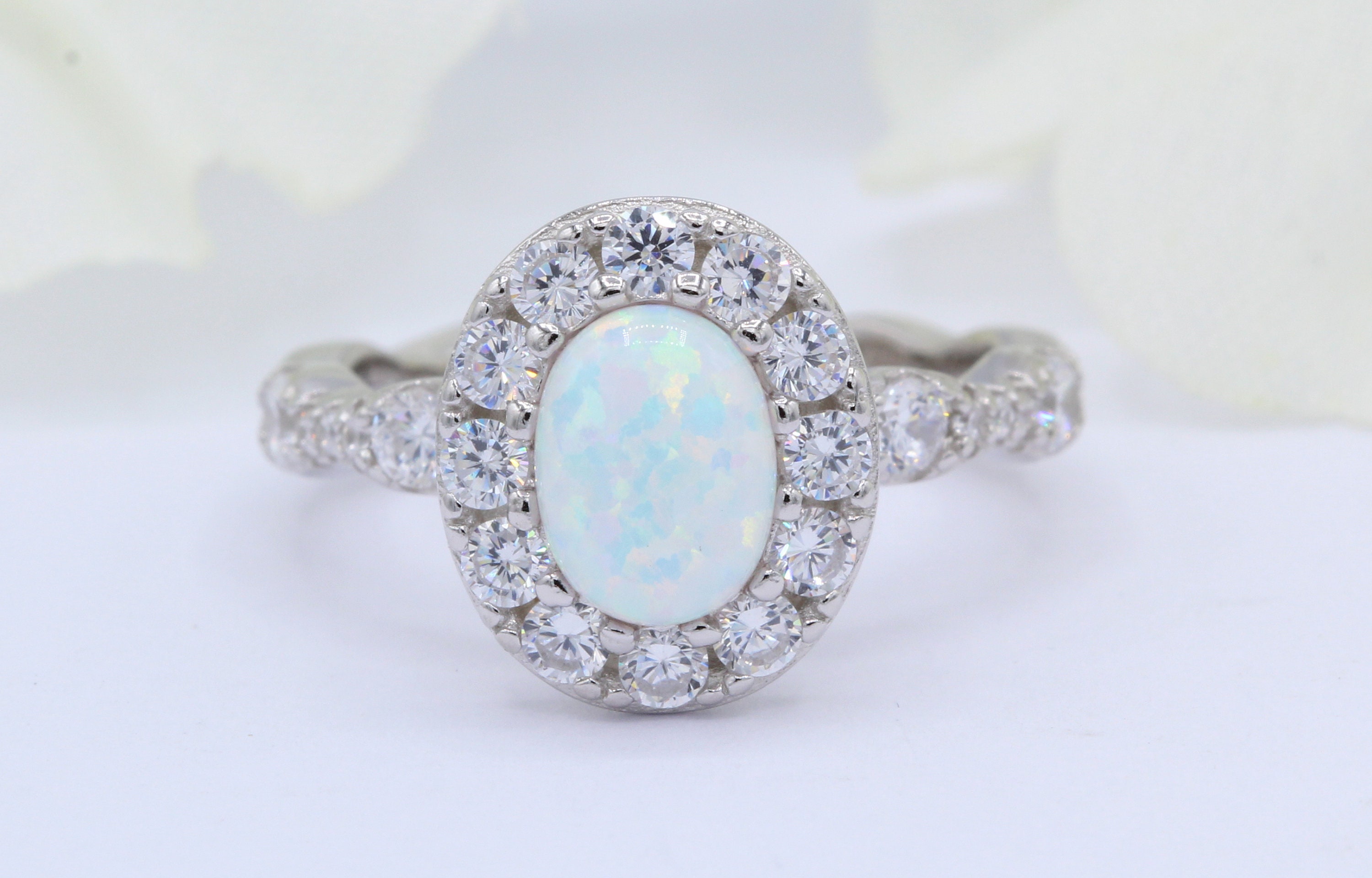 Solitaire Halo Oval Lab White Opal Art Deco Wedding Engagement | Etsy