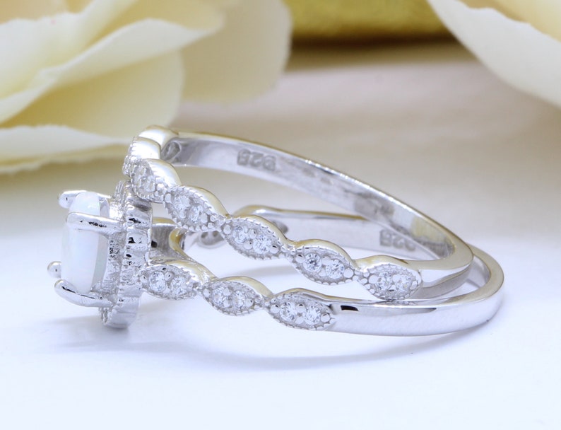 Two Piece Halo Round White Lab White Opal Art Deco Wedding - Etsy