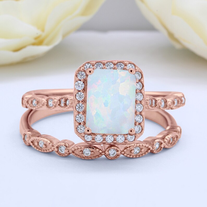 Two Piece Set Halo Emerald Cut Lab White Opal Art Deco Vintage - Etsy