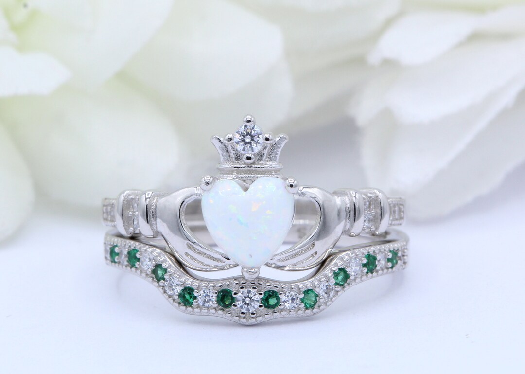 Two Piece Crown Heart Shaped Lab White Opal Claddagh Ring Irish Promise ...