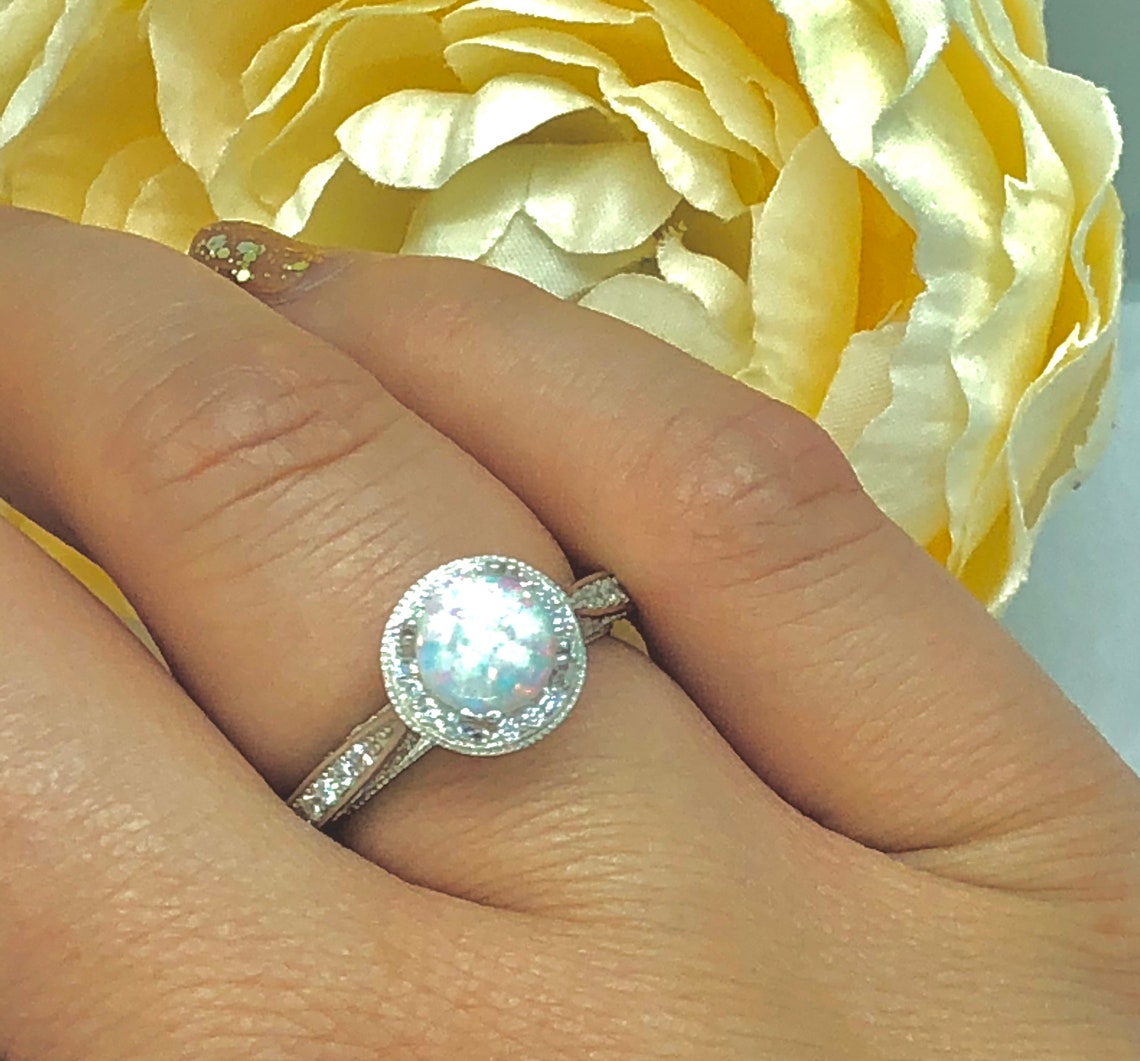 Halo Round White Lab White Opal Art Deco Wedding Engagement | Etsy
