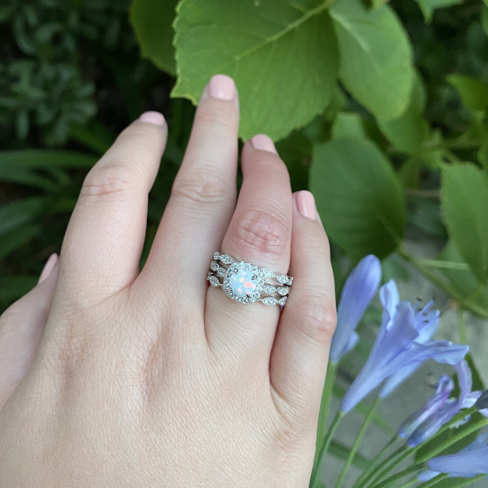 Three Piece Halo Round White Lab White Opal Art Deco Wedding | Etsy