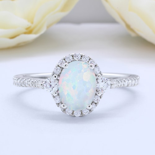 Vintage Art Deco Oval Lab White Opal Halo Wedding Engagement - Etsy