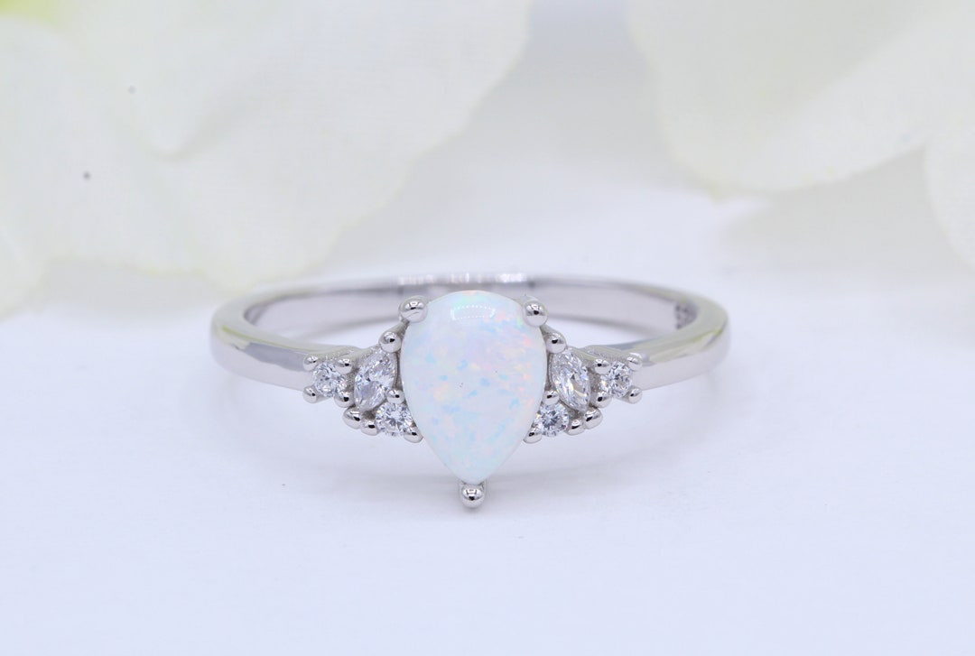 Teardrop Lab White Opal Art Deco Wedding Bridal Engagement Ring Round ...