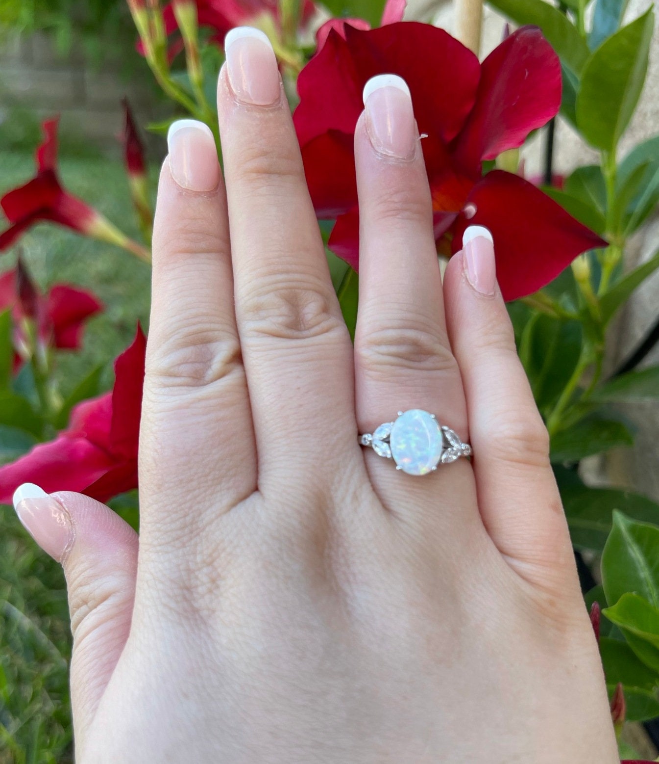 Oval Lab White Opal Leaf CZ Band Design Art Deco Vintage | Etsy