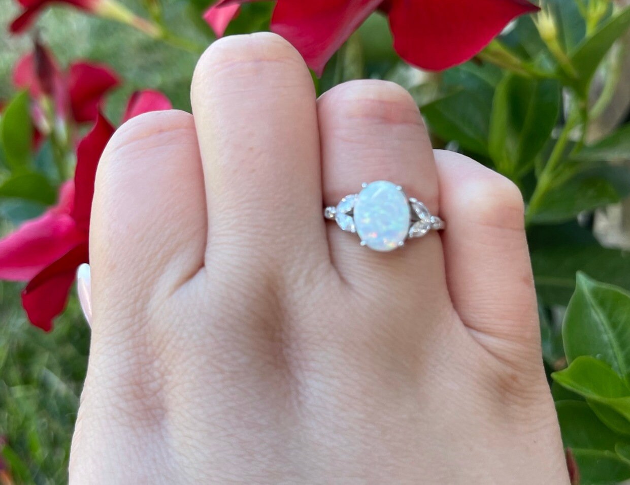Oval Lab White Opal Leaf CZ Band Design Art Deco Vintage | Etsy