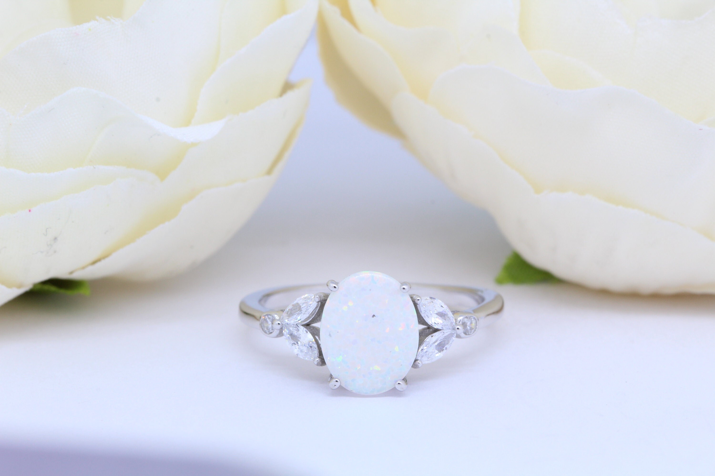 Oval Lab White Opal Leaf CZ Band Design Art Deco Vintage - Etsy