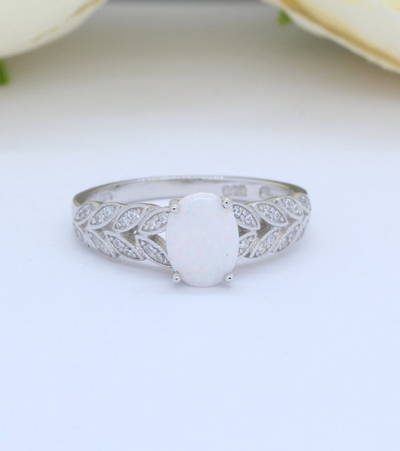 Oval Lab White Opal Art Deco Vintage Wedding Engagement Ring | Etsy