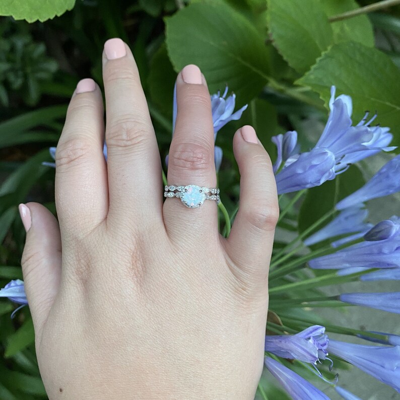 Two Piece Halo Round White Lab White Opal Art Deco Wedding | Etsy