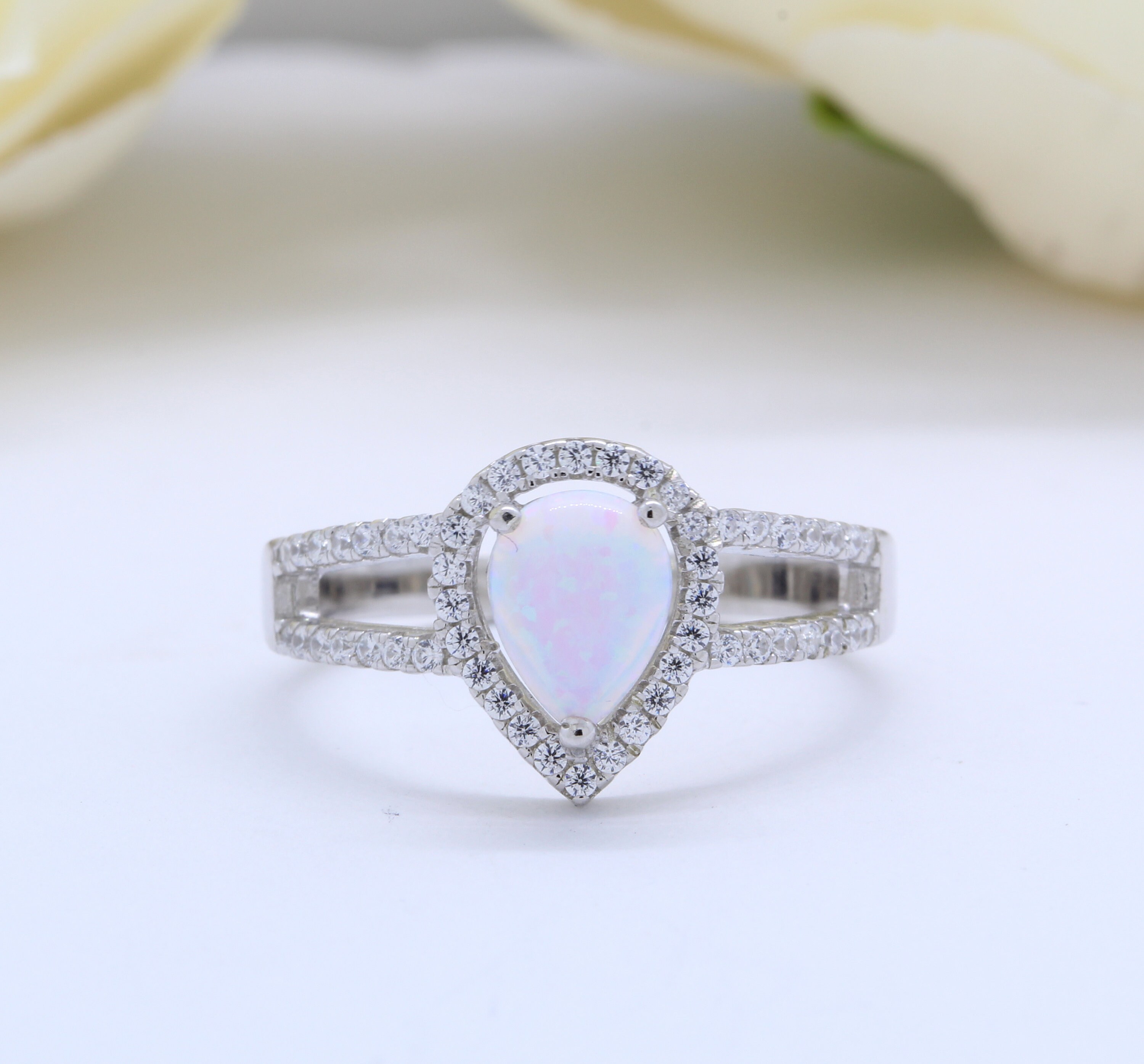 Halo Teardrop White Lab White Opal Art Deco Wedding Engagement - Etsy
