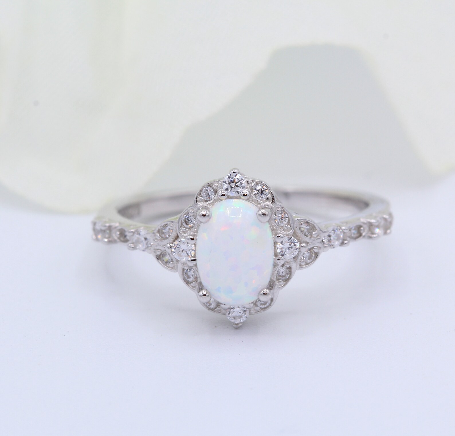 Vintage Art Deco Oval Lab White Opal Halo Wedding Engagement - Etsy