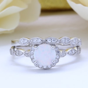 Two Piece Halo Round White Lab White Opal Art Deco Wedding Engagement Ring Set Round CZ Solid ...