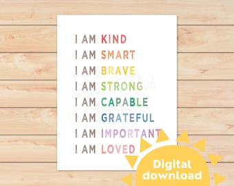 Daily Affirmations Poster for Kids Printable | Rainbow Color I AM ...