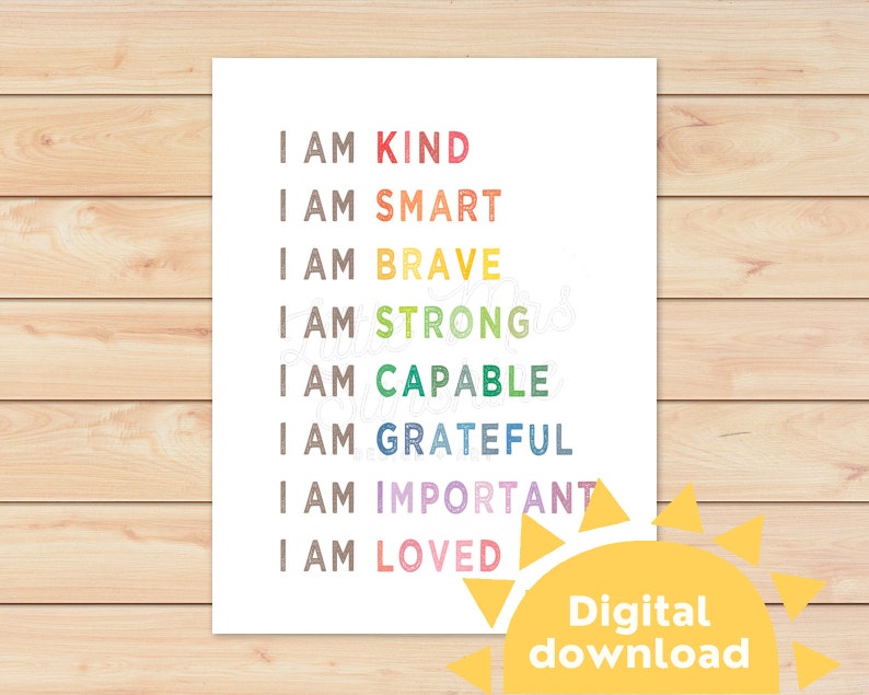Daily Affirmations Poster for Kids Printable Rainbow Color I AM ...