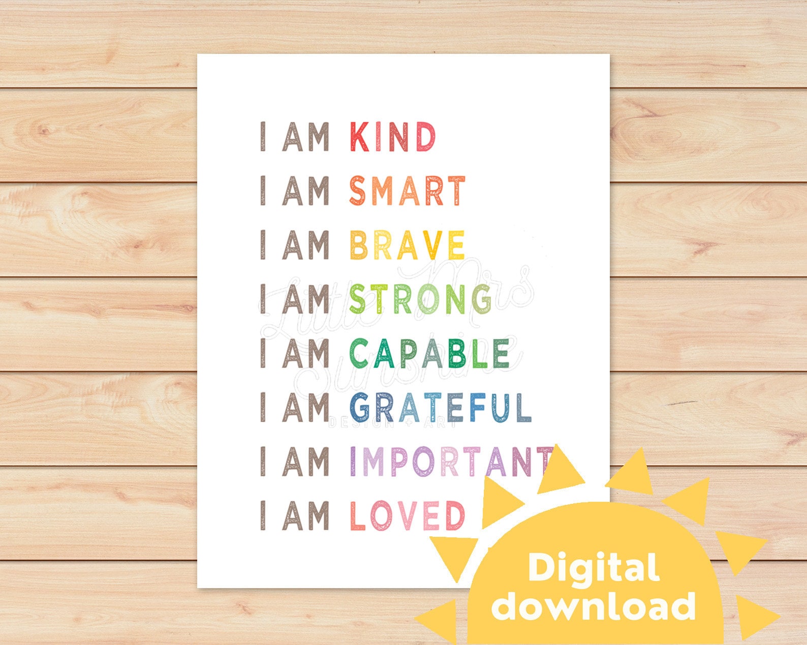 Daily Affirmations Poster for Kids Printable Rainbow Color I AM ...