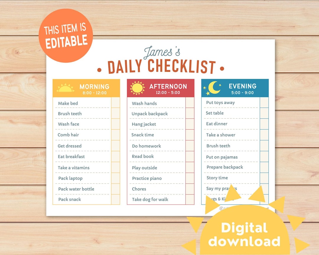 Editable Daily Checklist for Kids | Kids Task Tracker | Printable ...