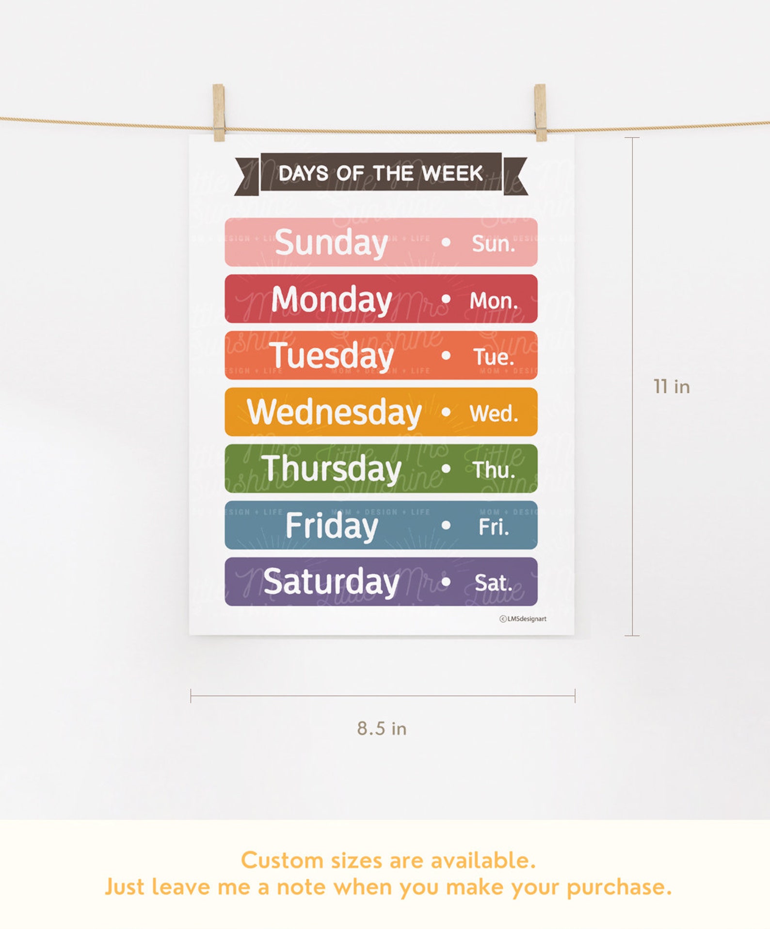 Days of the Week Poster for Kids Name of Week Weekday Name - Etsy