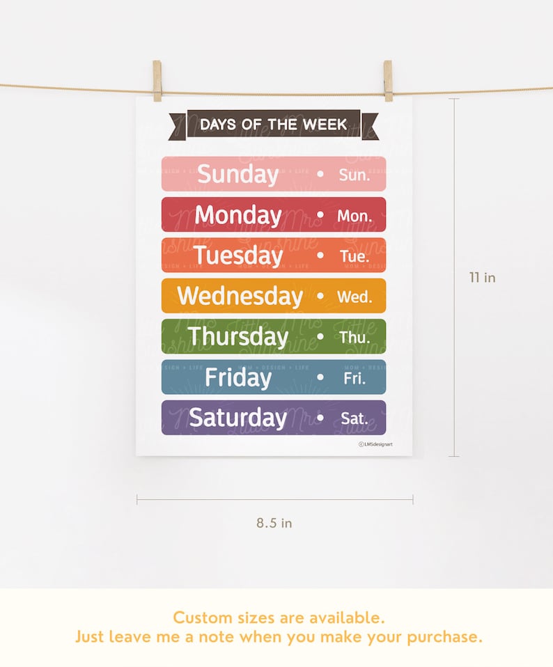 Days of the Week Poster for Kids Name of Week Weekday Name - Etsy