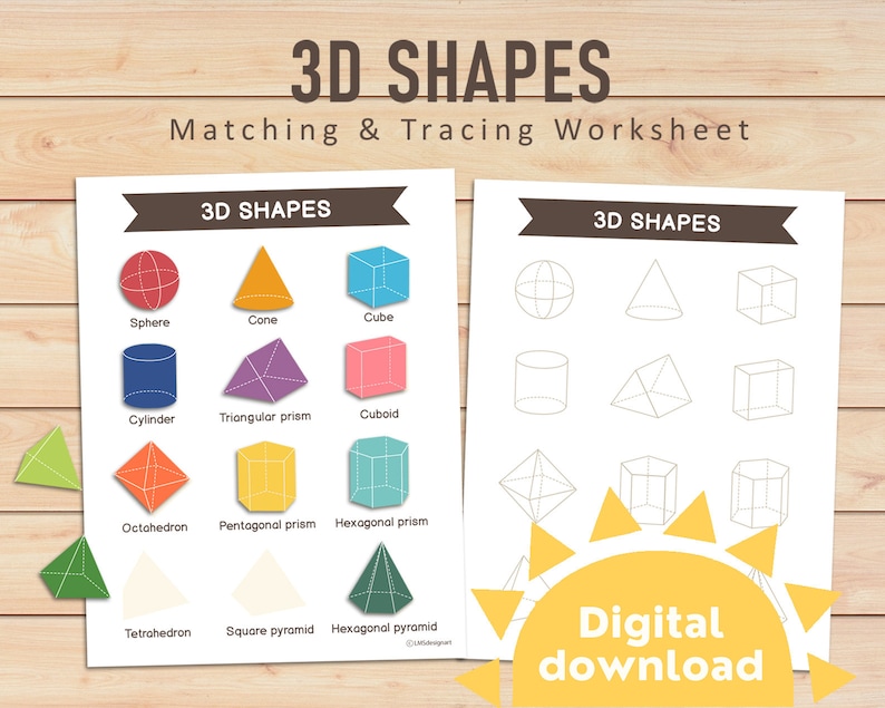 3D Shapes Matching & Tracing Worksheet | Learning Printable (digital ...