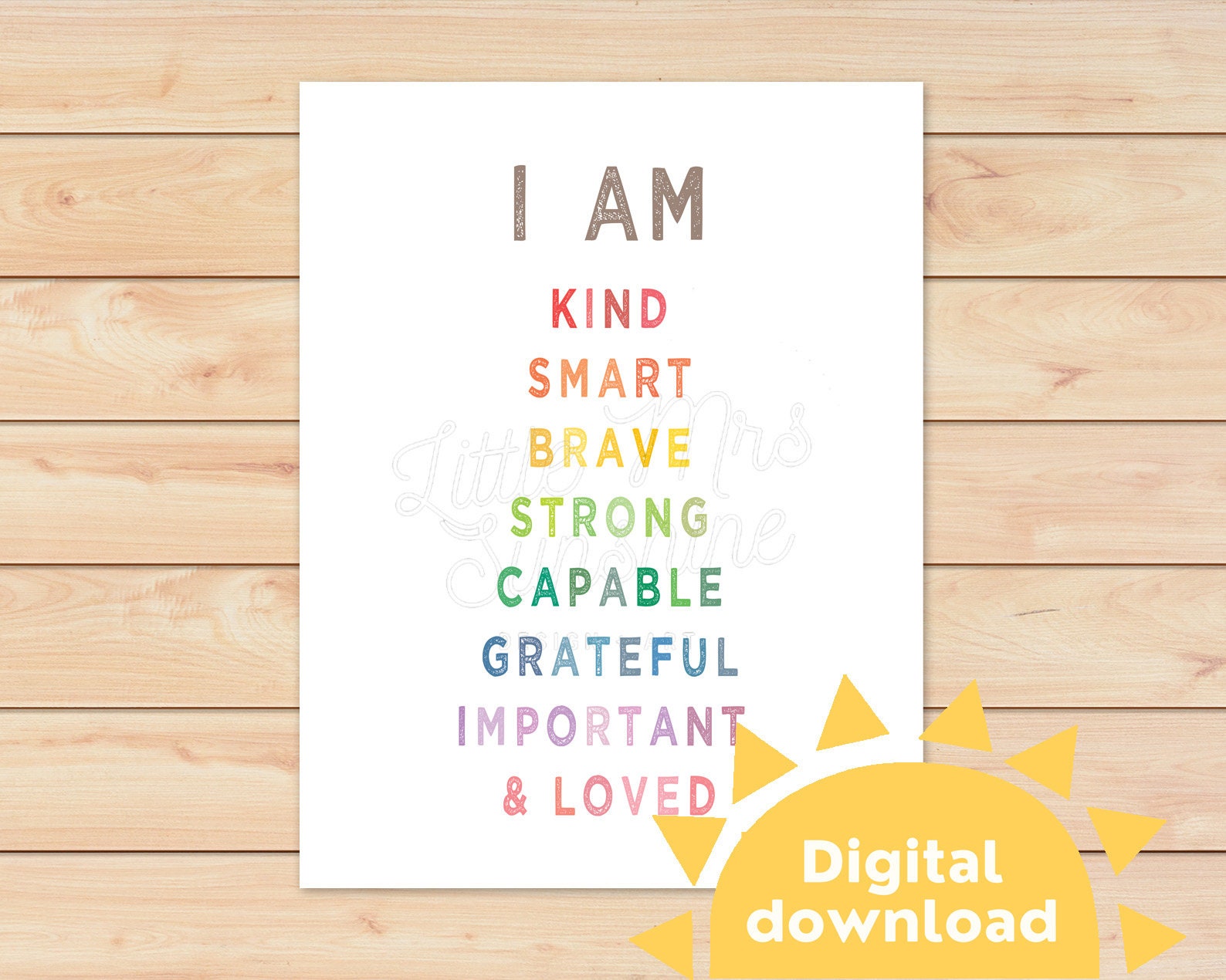 Daily Affirmations Poster for Kids Printable Rainbow Color I AM ...